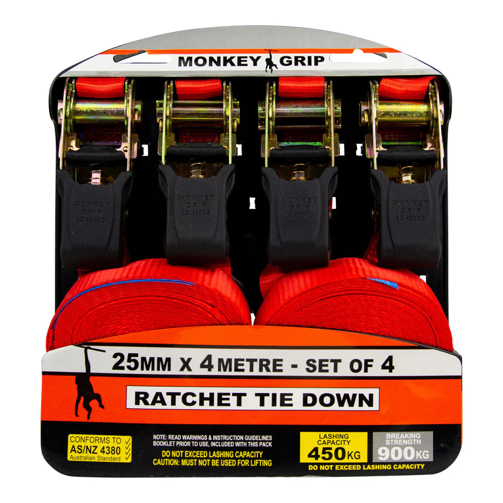 MONKEY GRIP Ratchet Tie Down 450KG Capacity 25mm x 4m Webbing (4pce)