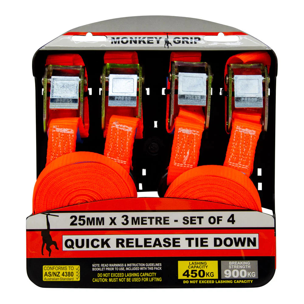 MONKEY GRIP Tie Down Quick Release 25mm x 3m (4pce) | Jimi's Hardware Hub