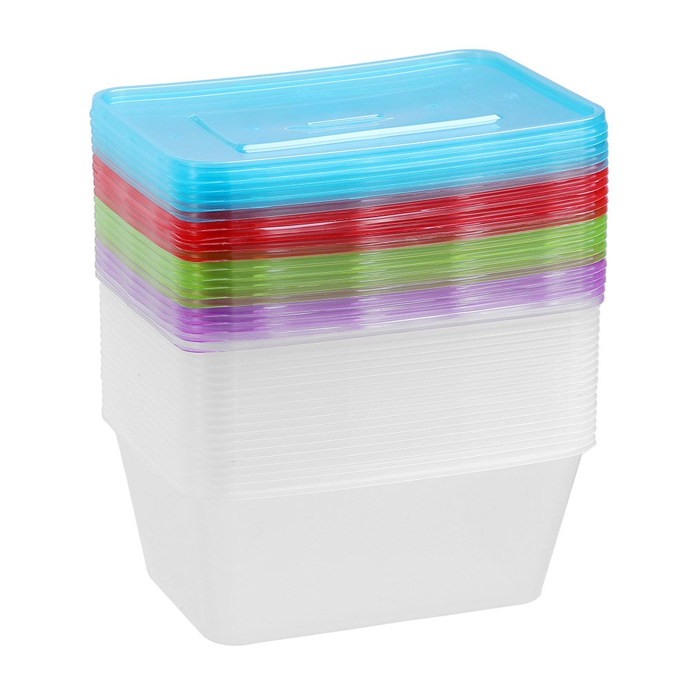 Rectangle Reusable Food Containers with Coloured Lids – 1L (20 Pack)